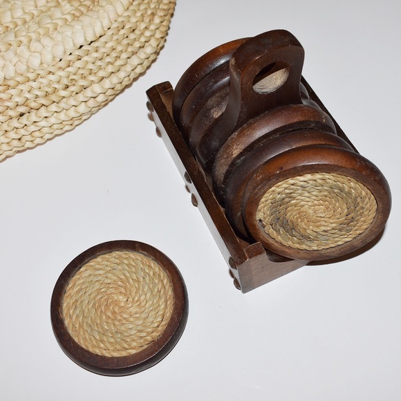 Vintage | Dining | Vintage Wood Jute Rope Coaster Set With Tray | Poshmark